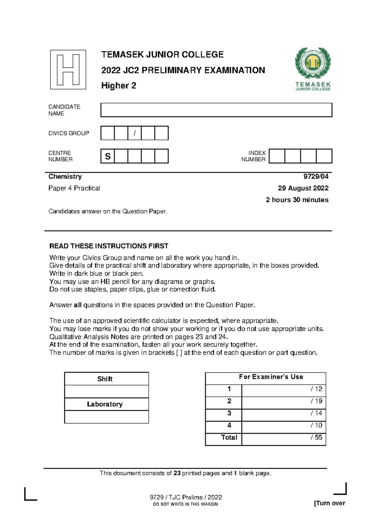 2022 TJC H2 Chemistry Prelims Paper 4 Practical Questions - Studocu
