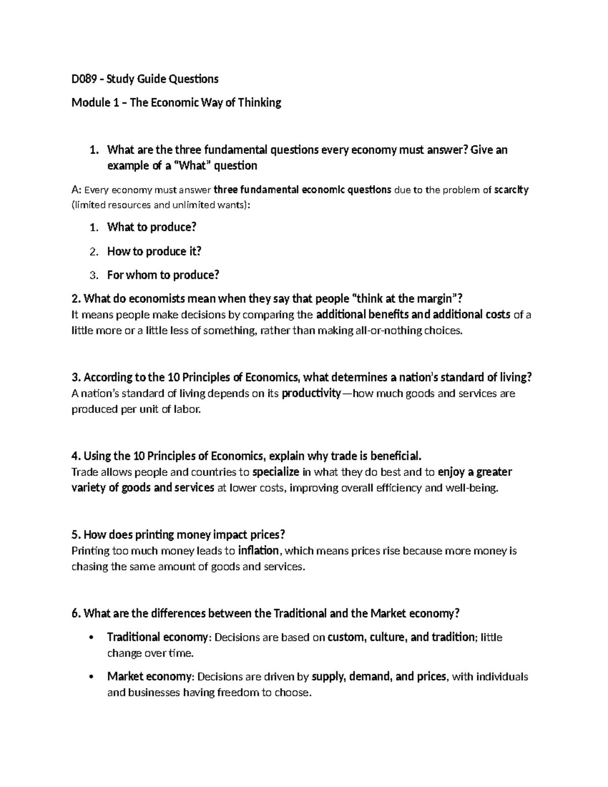D089 Economics Study Guide: Module 1 - The Economic Way of Thinking ...