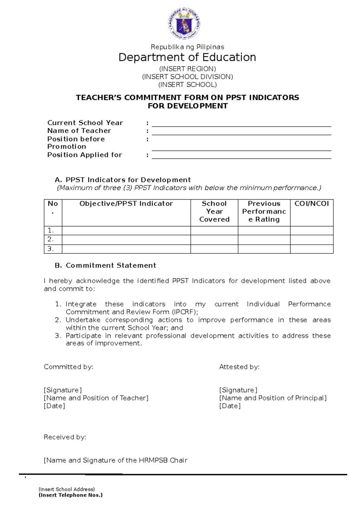 Teachers Commitment Form on PPST Indicators for Development (Annex A DO ...