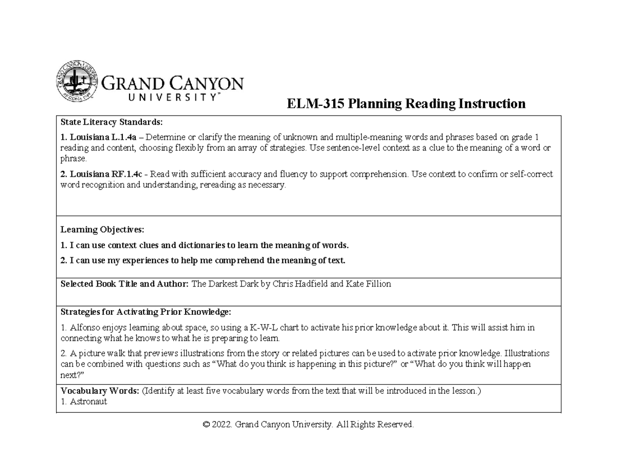 ELM-315 Final Exam: Strategies for Planning Reading Instruction - Studocu