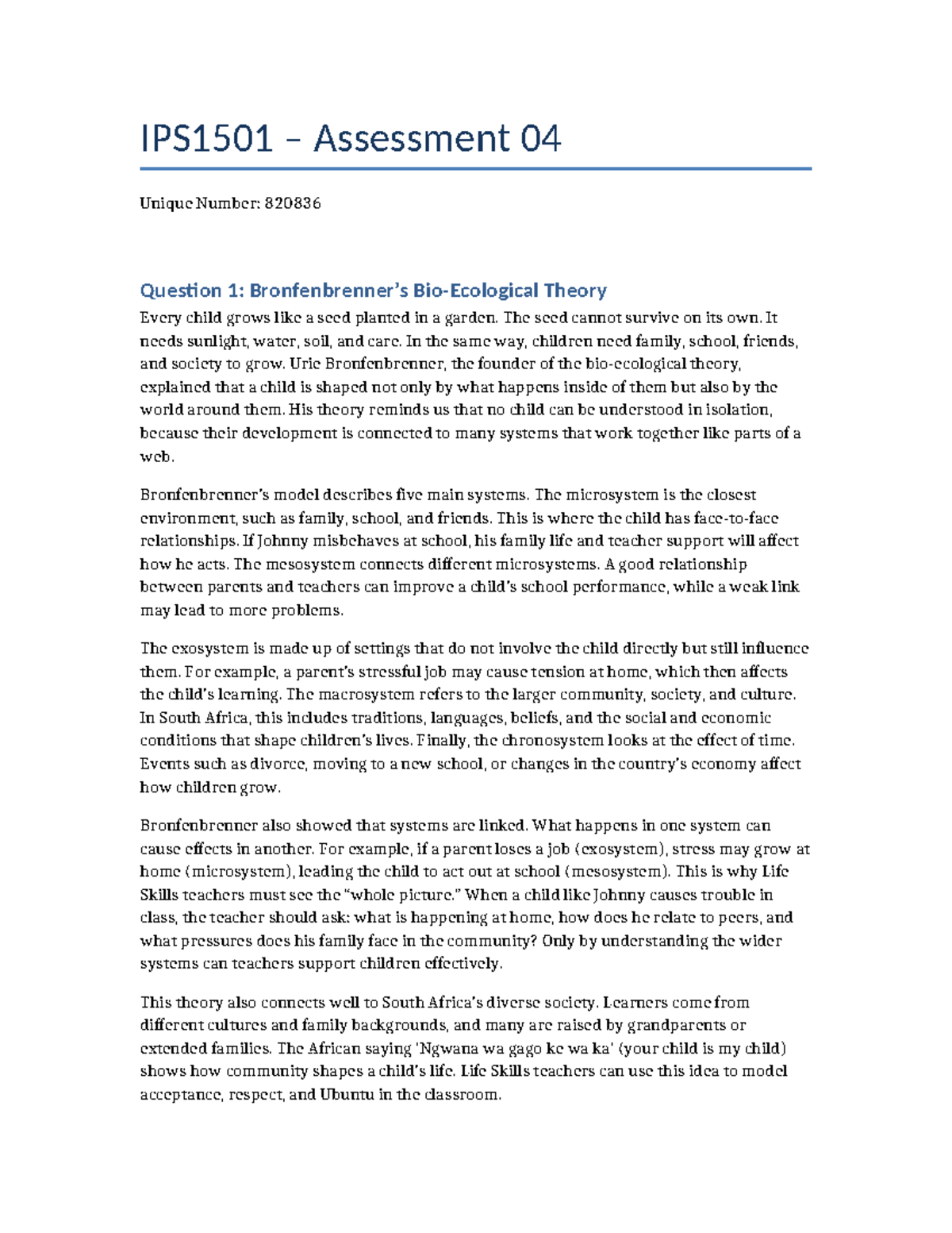 IPS1501 Assessment 04: Understanding Bronfenbrenner's Theory in Life ...