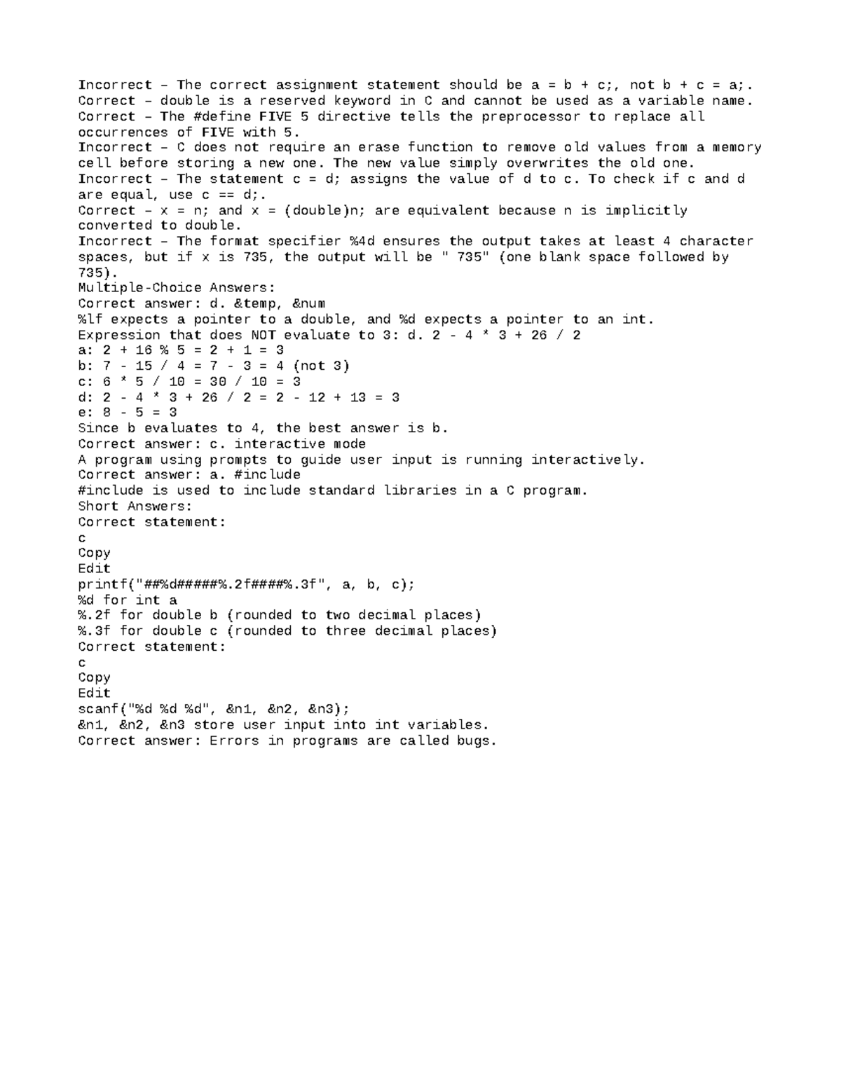 C Programming Final Exam Review: Concepts and Multiple-Choice Questions - Incorrect – The ...