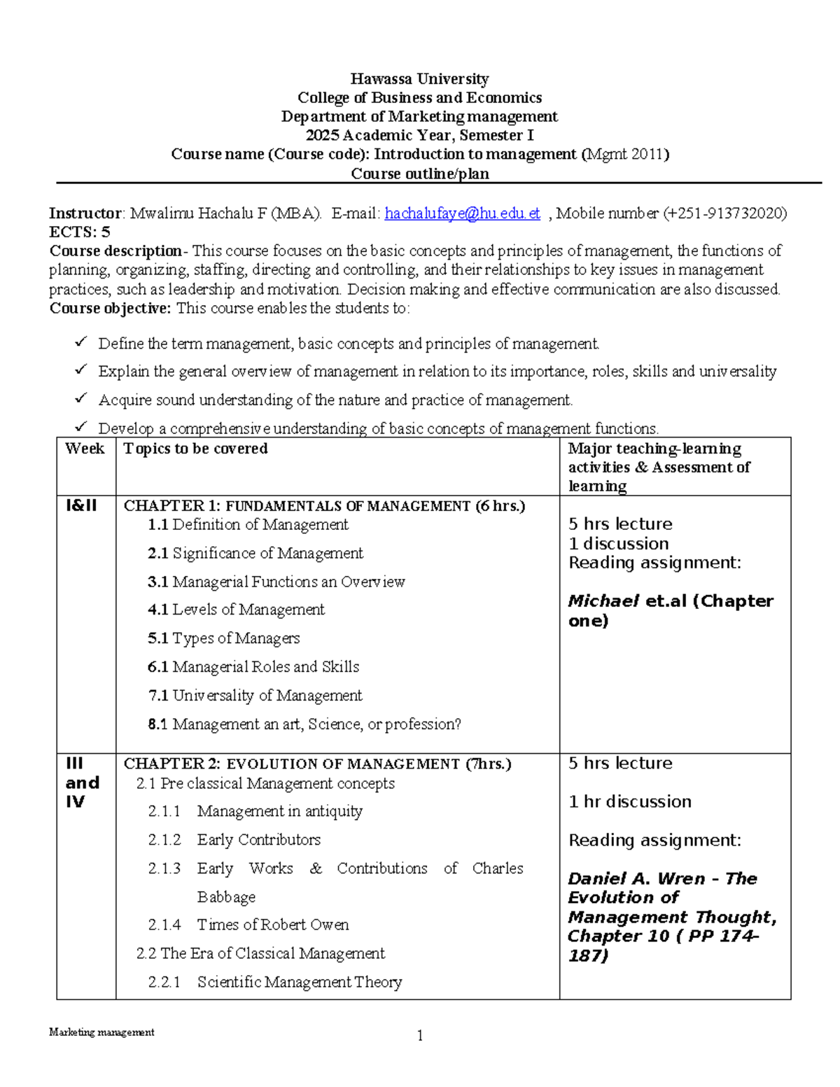 Course Outline: Introduction to Management (Mgmt 2011) - Semester I ...