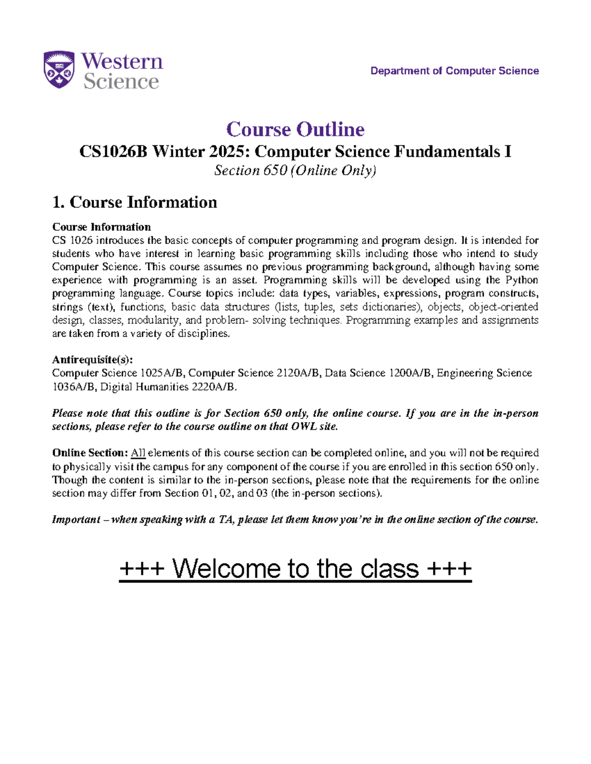 CS1026B Winter 2025 Online Course Outline: Computer Science Fundamentals I - Studocu