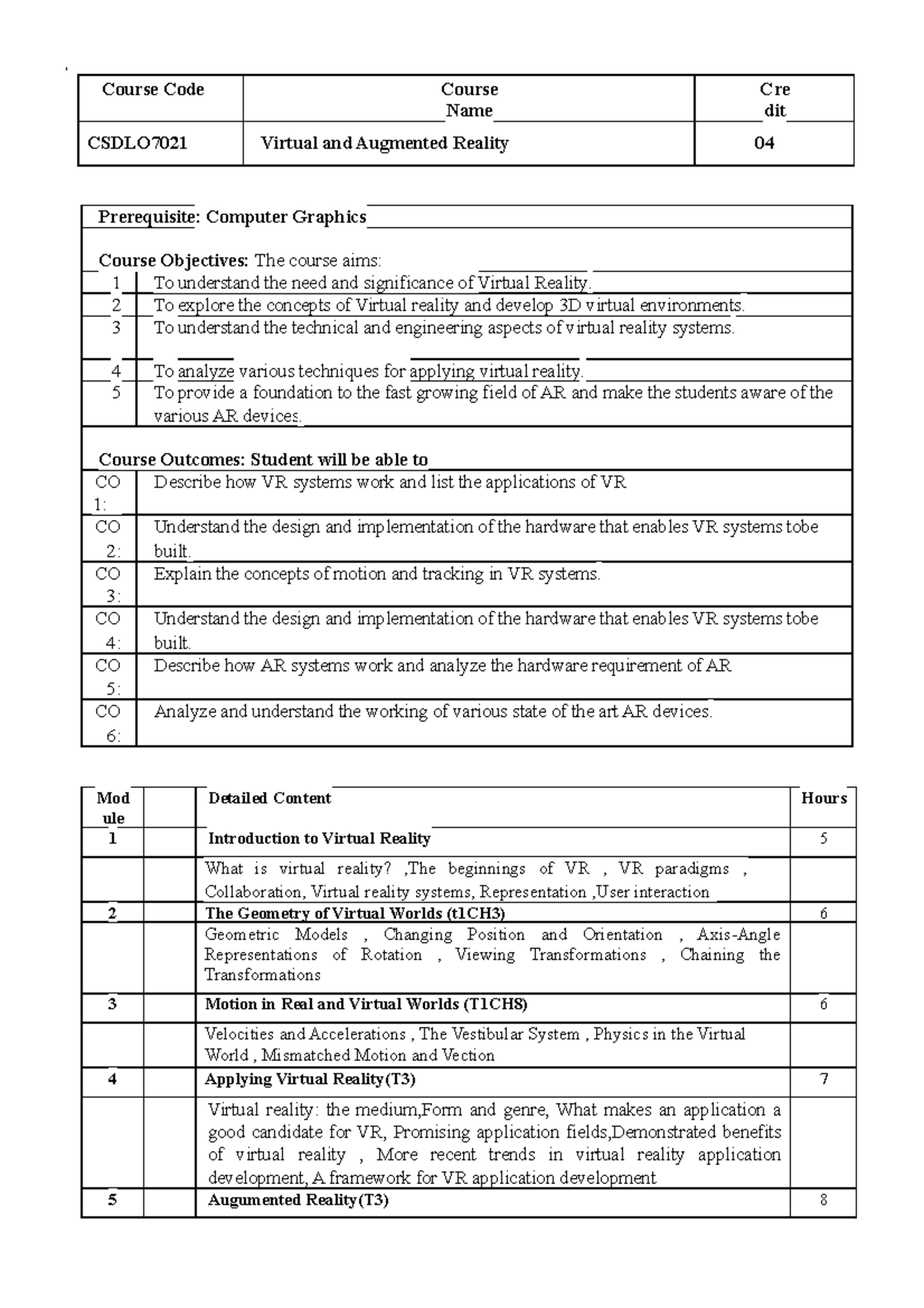 CSDLO 7021 AR-VR Theory Syllabus for Sem-VI Course Overview - Studocu