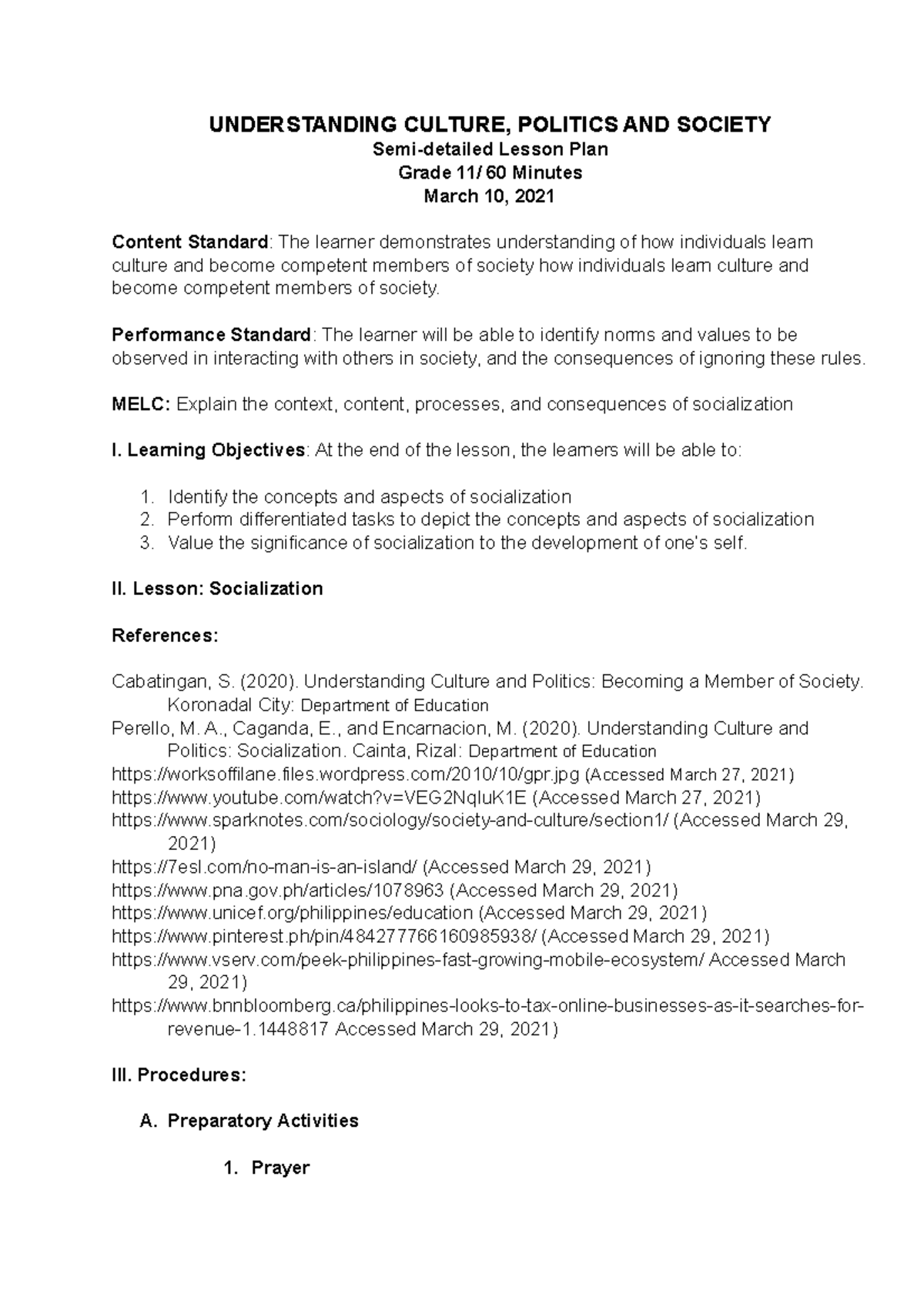 UCSP Lesson PLAN - UNDERSTANDING CULTURE, POLITICS AND SOCIETY Semi ...