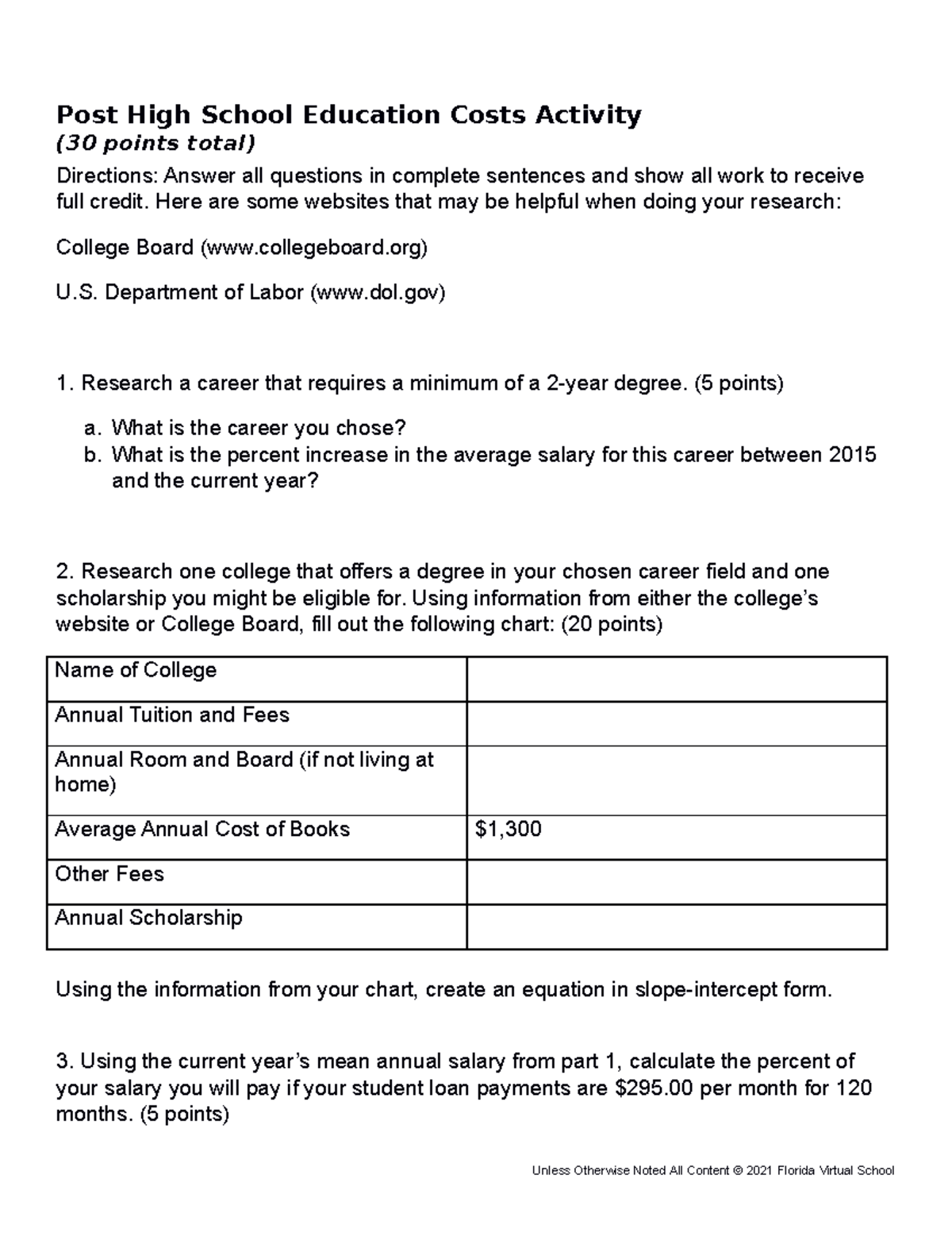 02 03 activity - science - Post High School Education Costs Activity ...