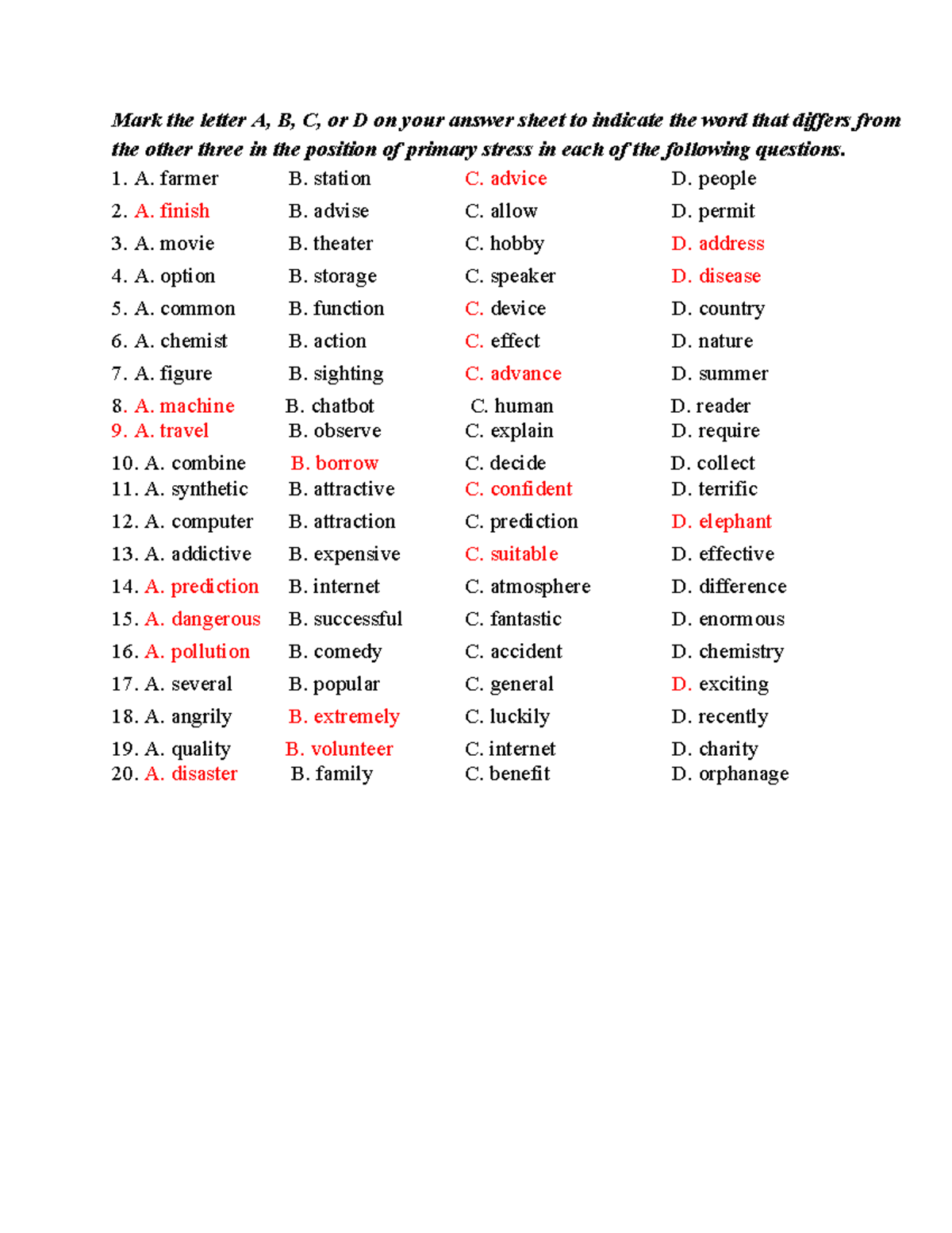 CÂU 3-4 Stress Quiz - Identify the Odd Word by Stress Pattern - Studocu