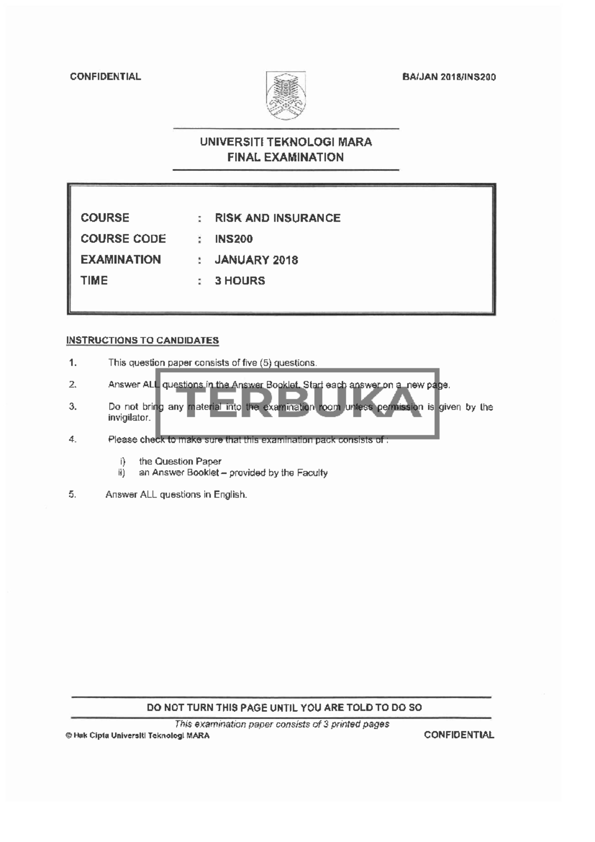 INS200 2018 Final Exam - Risk and Insurance Past Year Paper - Studocu