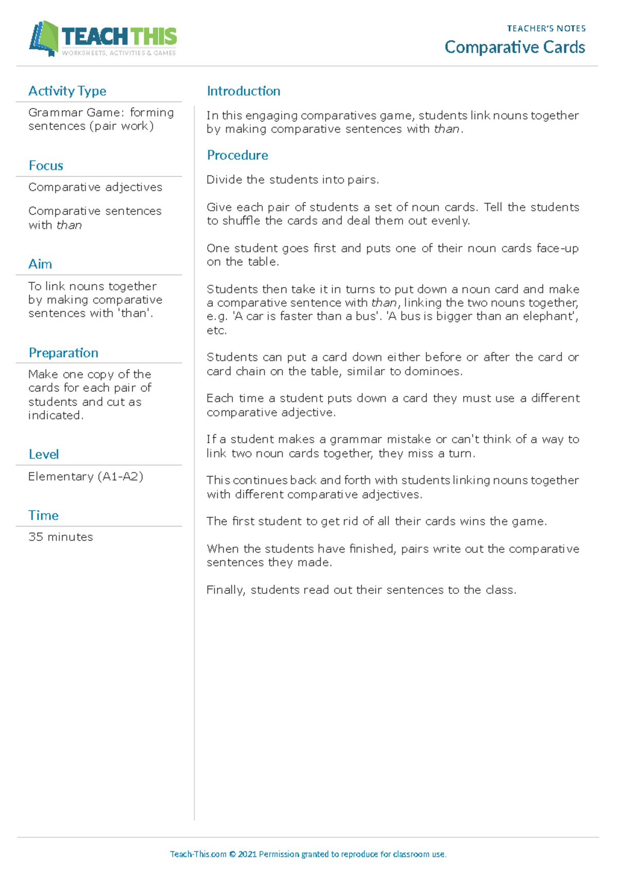 Comparative Cards Activity: Grammar Game for ESL Students - Studocu