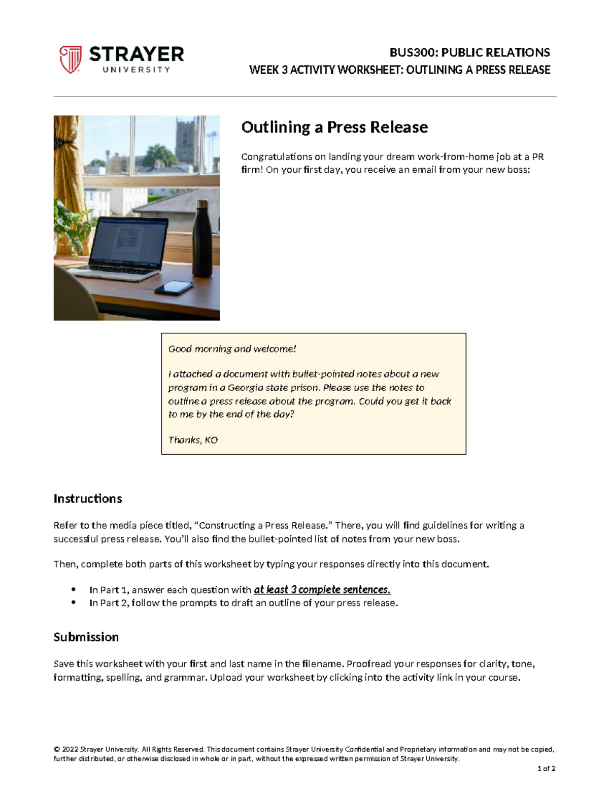 BUS300 Week 3 Activity: Outlining a Press Release Worksheet - Studocu