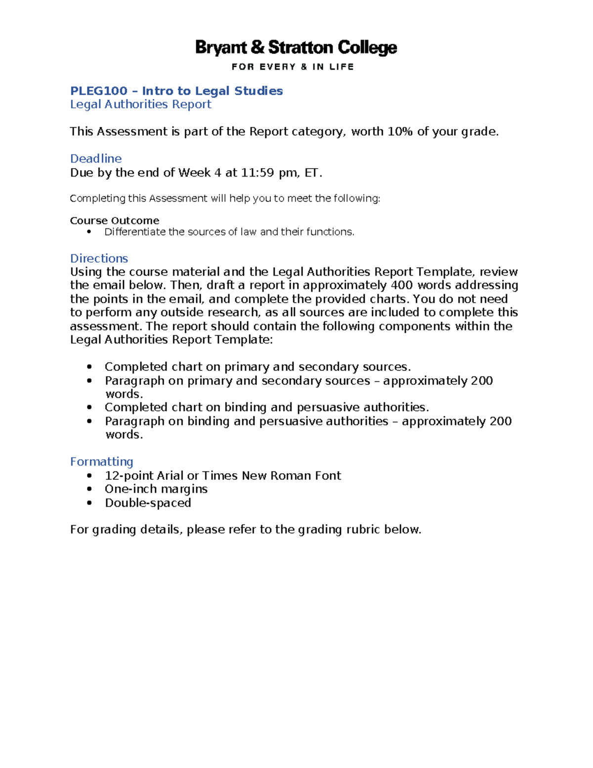 PLEG100 - Week 4 Legal Authorities Report Assessment Guide - Studocu