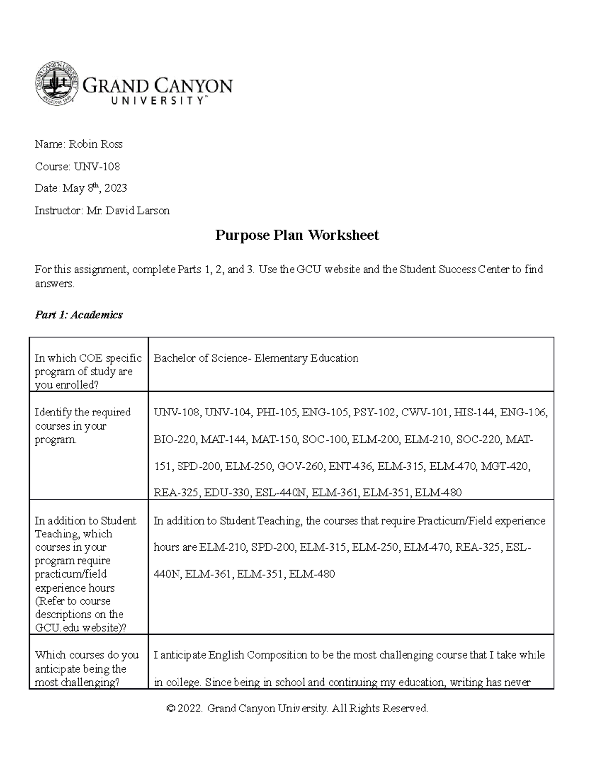 Purpose Plan Worksheet Assignment for UNV-108 Course - Studocu