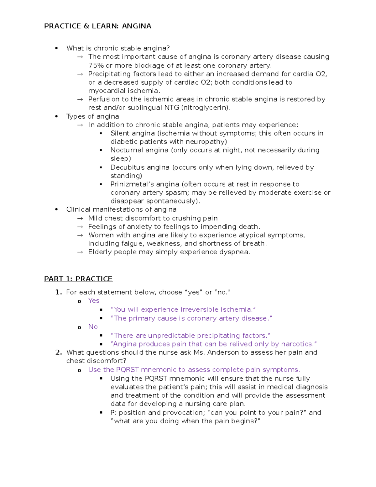 Chronic Stable Angina Overview and Nursing Practice Notes - Studocu