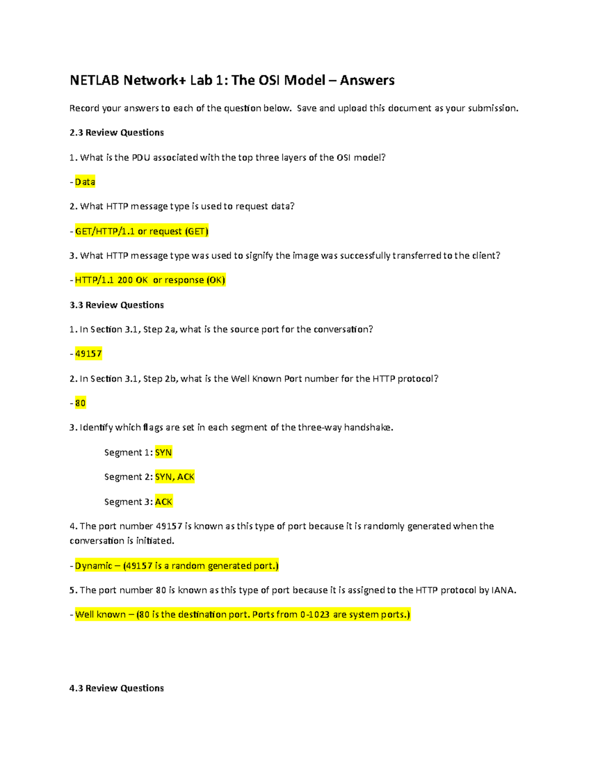 Network+ LAB 1 Answer Sheet - NETLAB Network+ Lab 1: The OSI Model – Answers Record your answers ...