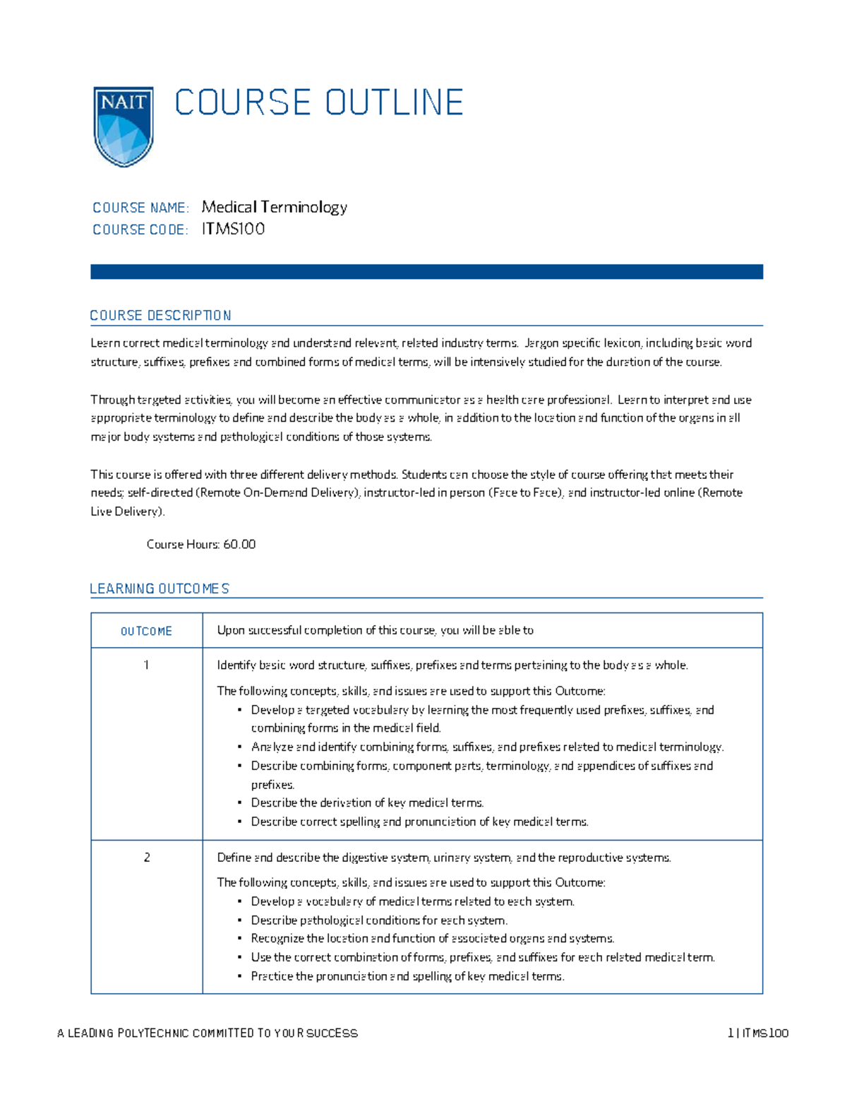 Course Outline: Medical Terminology ITMS100 - 2024 - Studocu