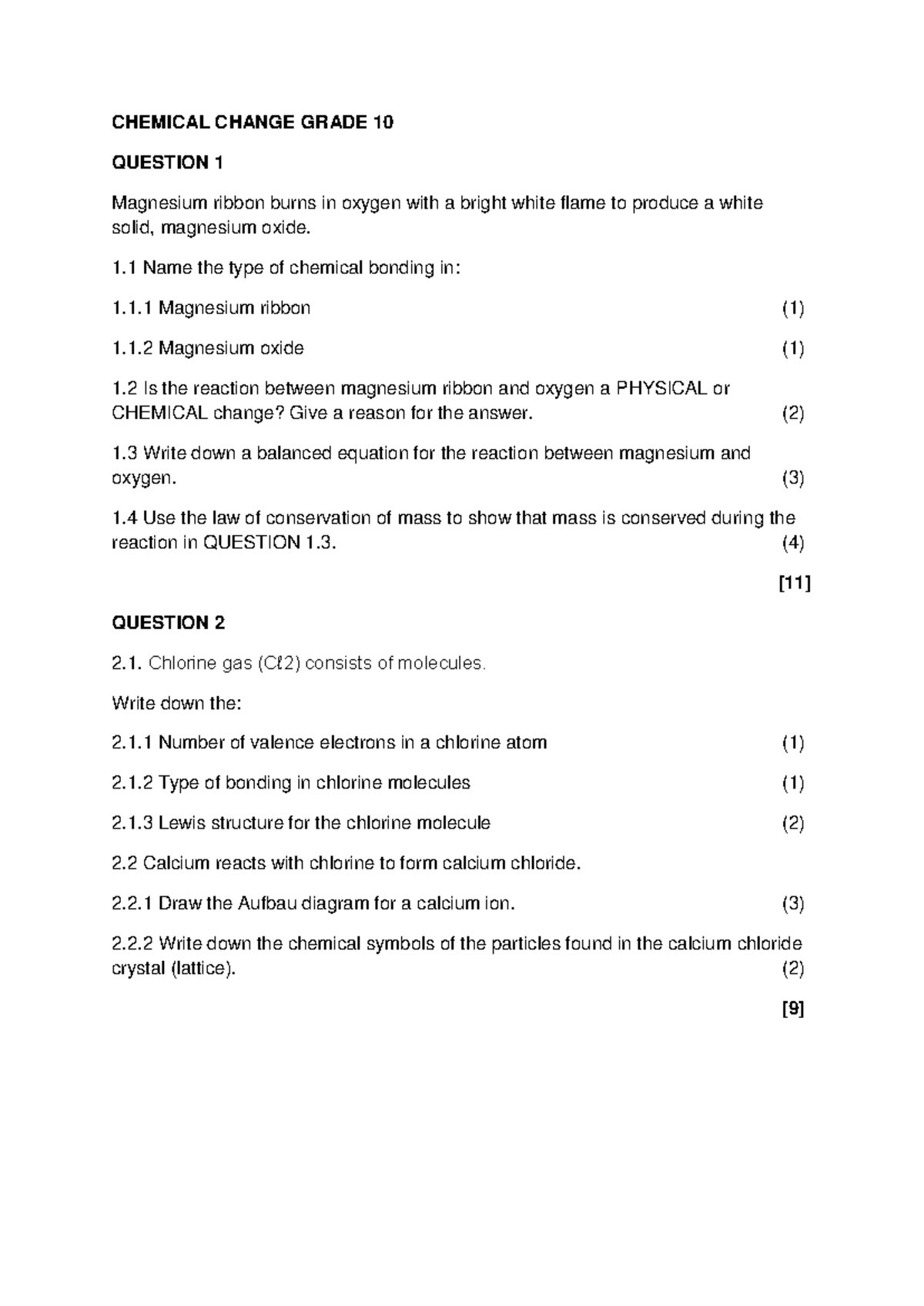 Grade 10 Chemistry Exam: Chemical Changes and Reactions - Studocu