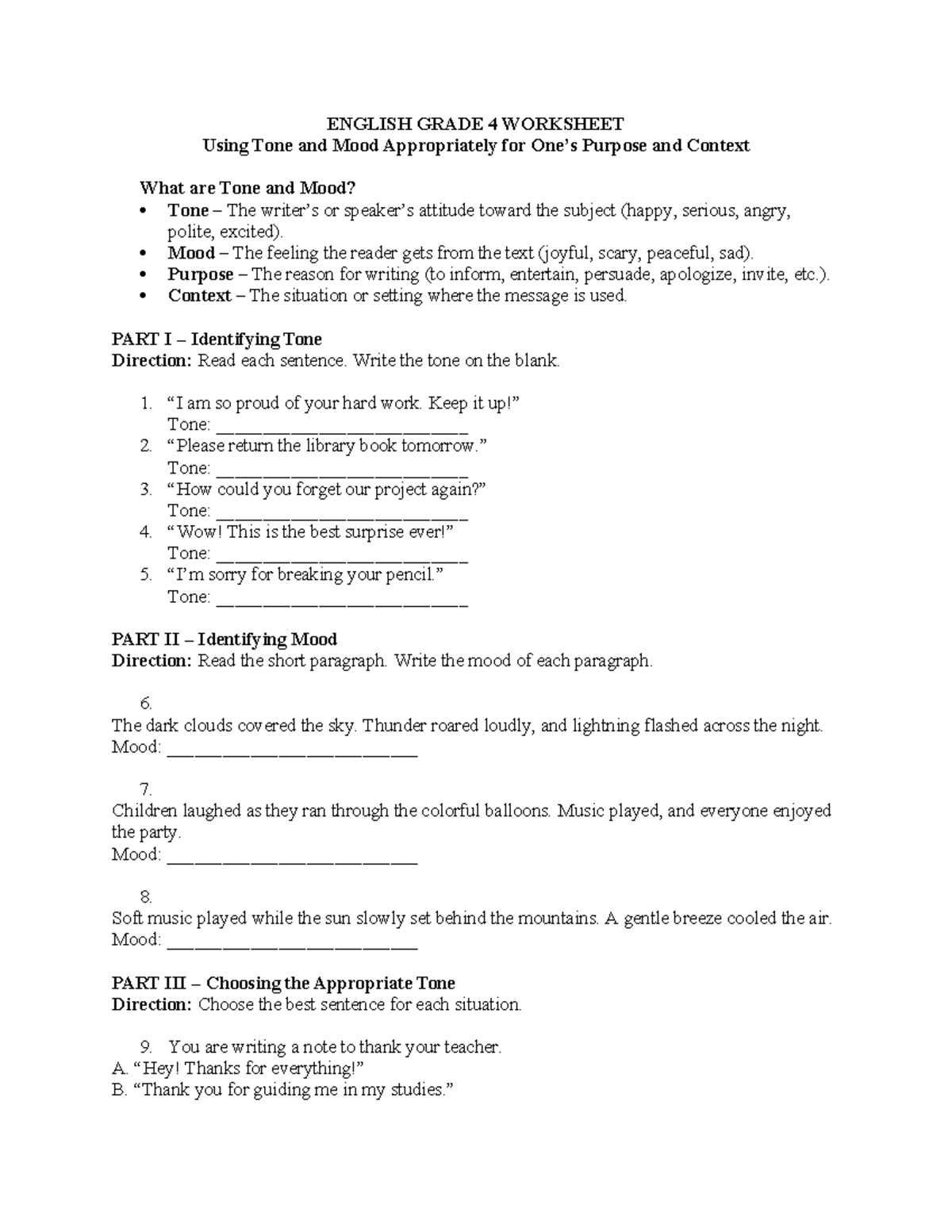 ENGLISH GRADE 4 WORKSHEET: Understanding Tone and Mood - Studocu