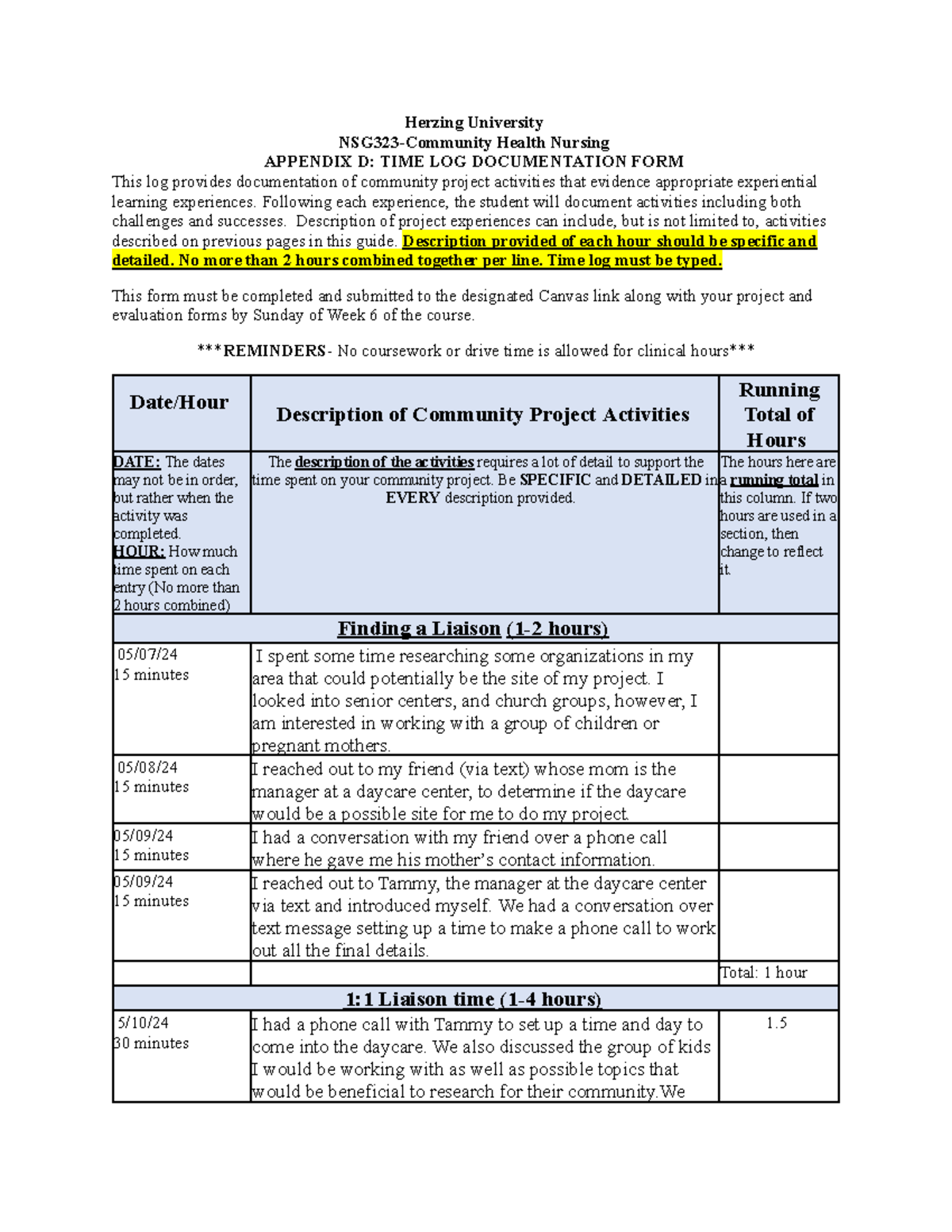 NSG323 Time Log for Community Health Nursing Project Activities - Studocu