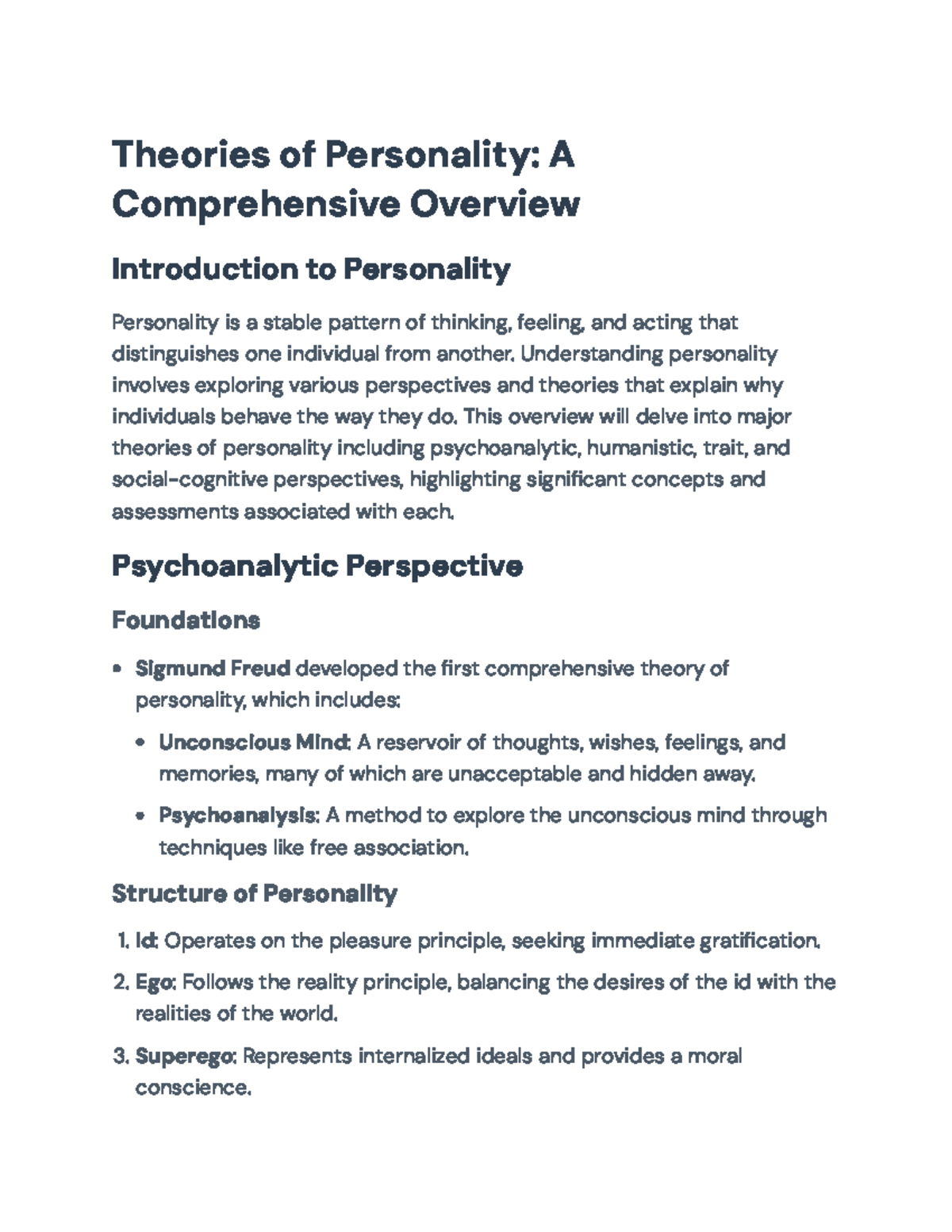 Comprehensive Overview of Personality Theories (PSY101) - Theories of ...