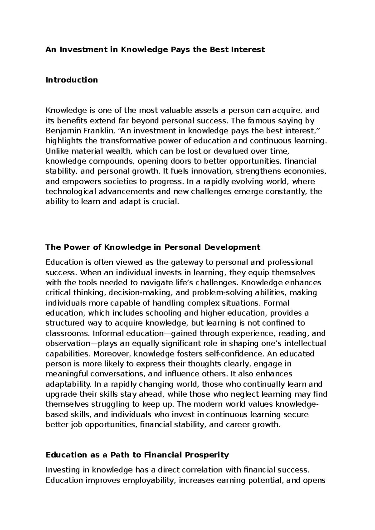 Investing in Knowledge: The Key to Personal & Economic Growth - Studocu