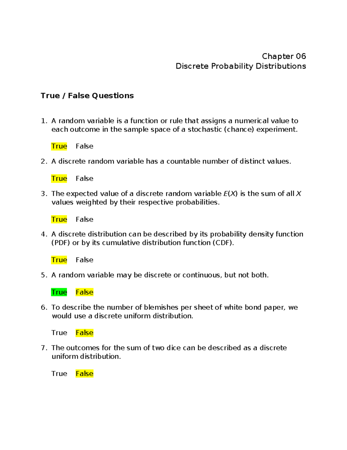 SB Test Bank CH 6 - Discrete Probability Distributions True/False ...