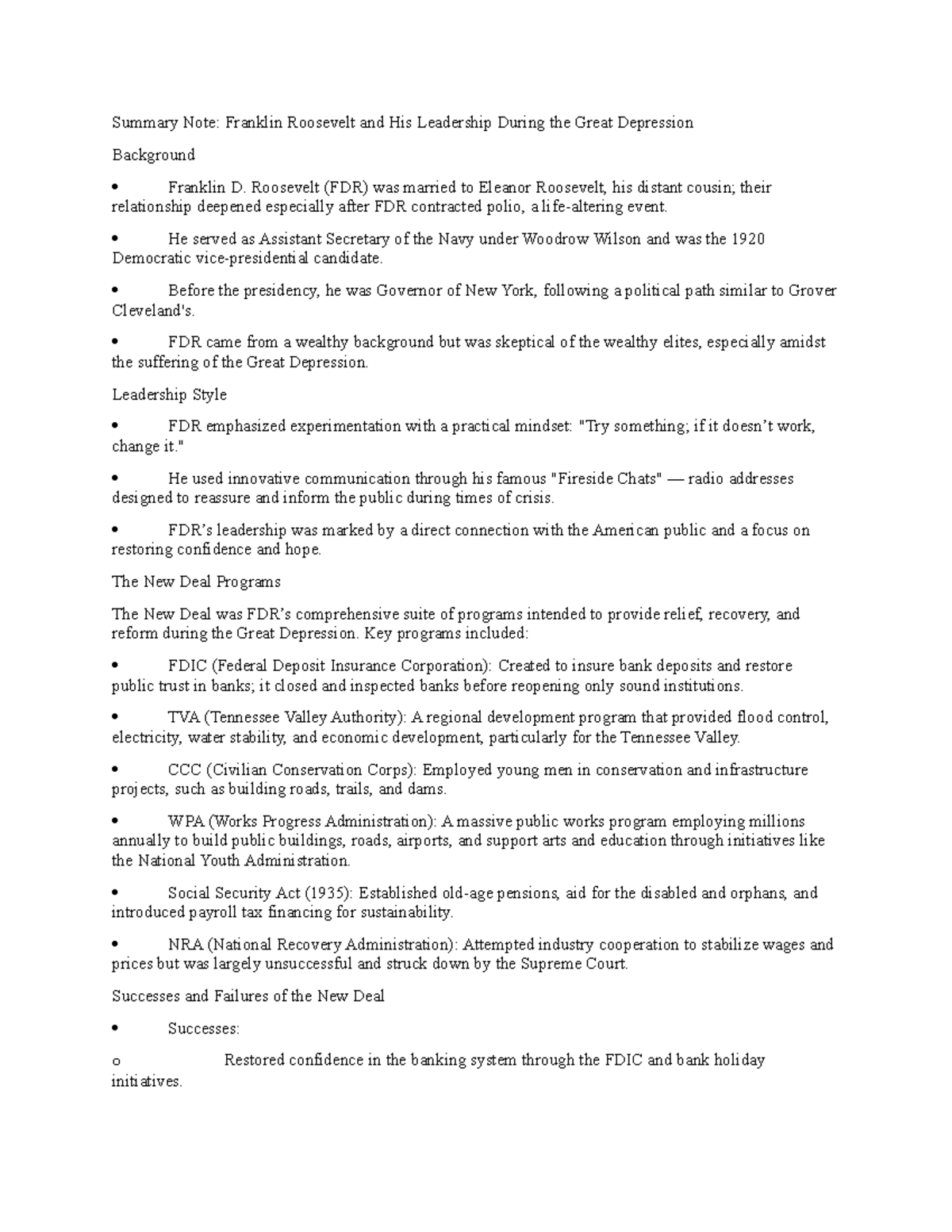 Midterm 1 Summary Notes: FDR's Leadership & New Deal Programs - Studocu