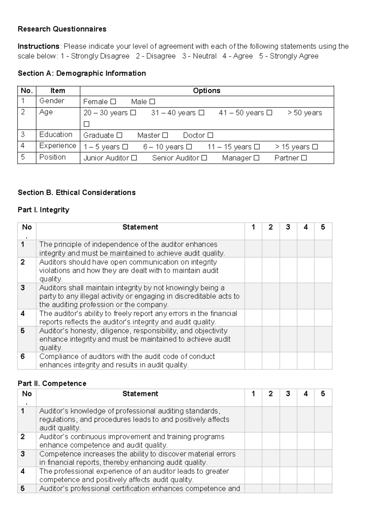 Research Questionnaire on Audit Quality and Ethical Considerations ...