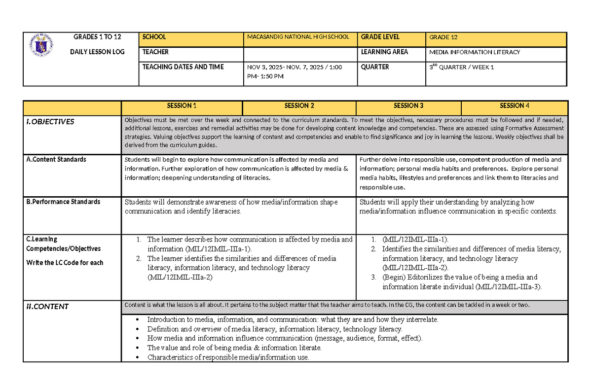 MIL DLL G12 WEEK 1: Media & Information Literacy Lesson Plan - Studocu