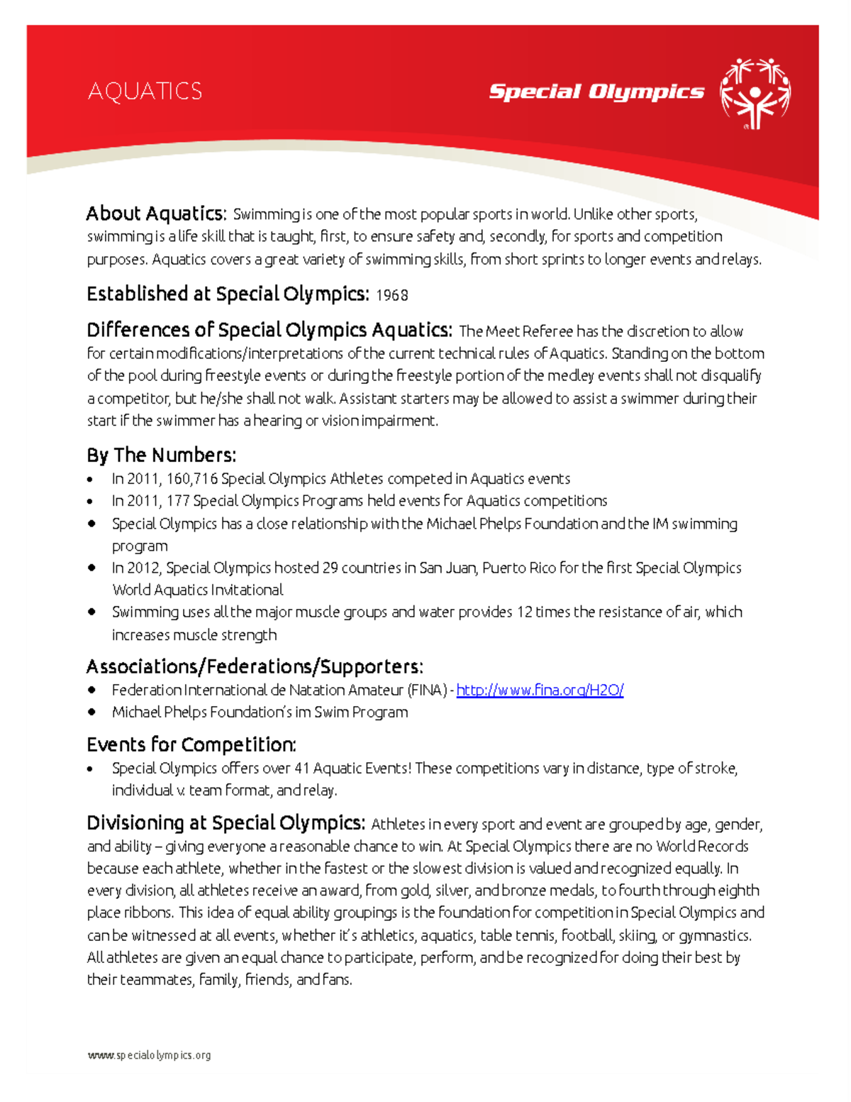 Fact Sheet: Special Olympics Aquatics Overview & Competition Events ...