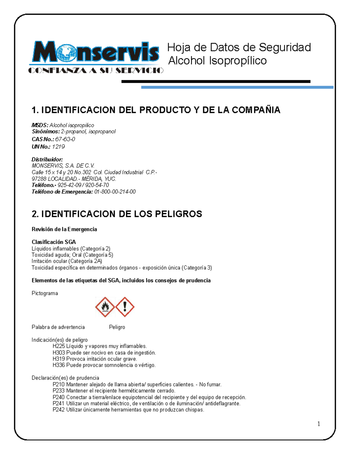 Hoja de Datos de Seguridad (MSDS) para Isopropanol (Alcohol ...