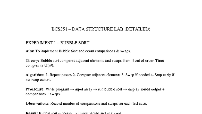 BCS351 Data Structures Lab: Bubble Sort & Search Experiments - Studocu