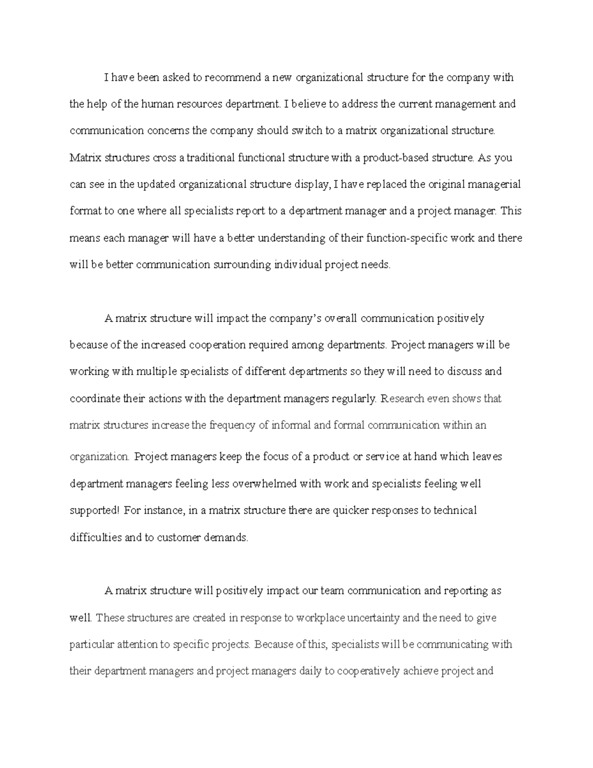 6-3 Assignment: Recommended Matrix Organizational Structure - Studocu