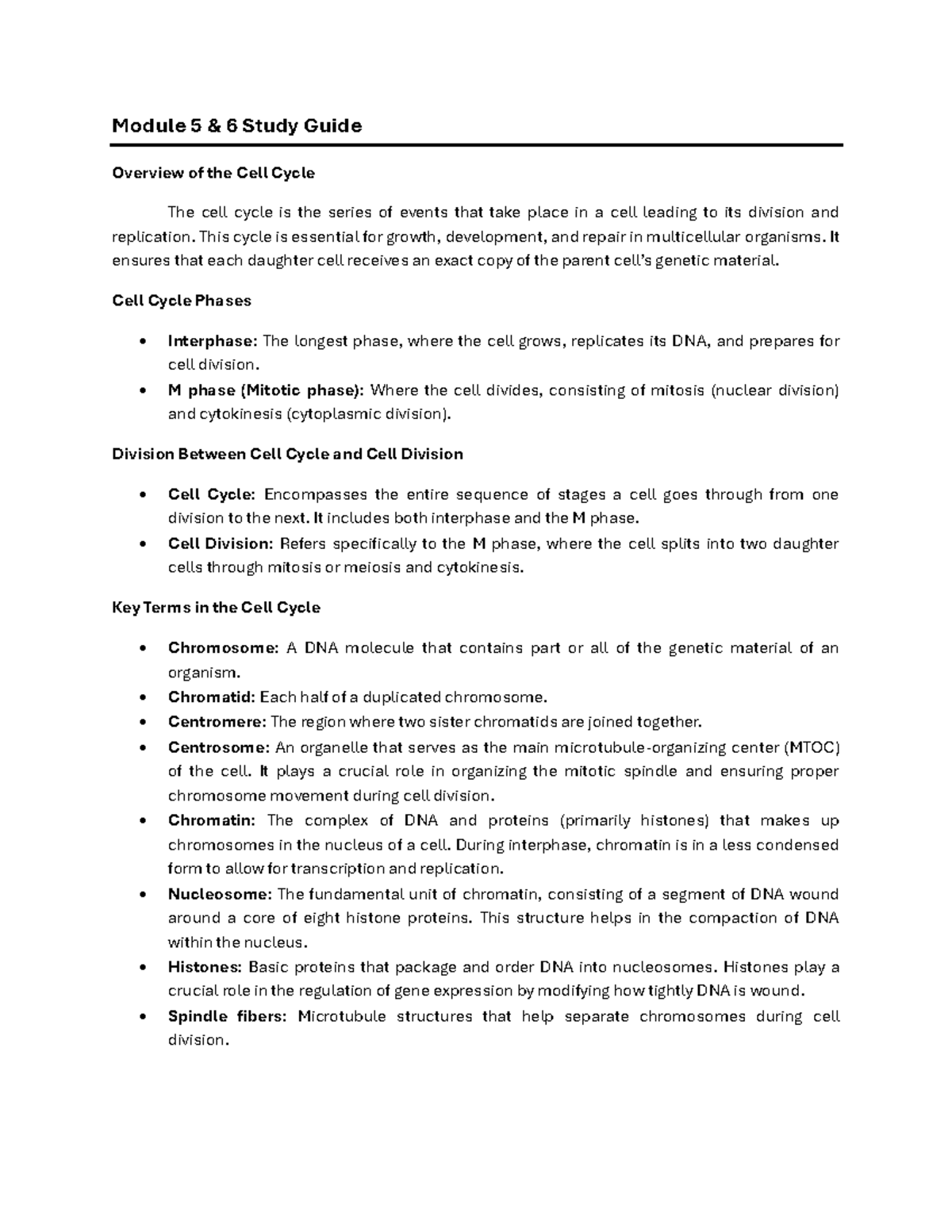 Module 5 & 6 Study Guide: Overview of the Cell Cycle and Division - Studocu