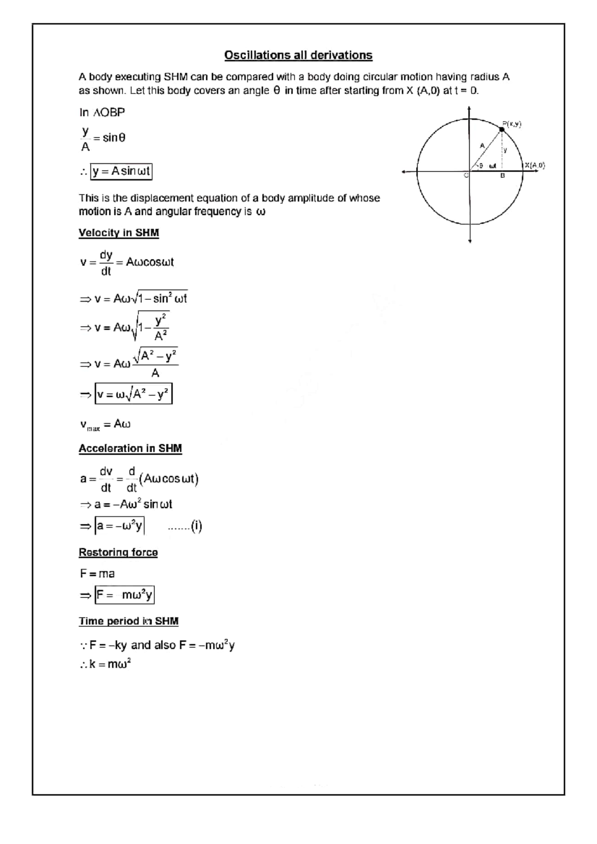 Oscillation - Notes for Physics 101: SHM Derivations and Concepts - Studocu