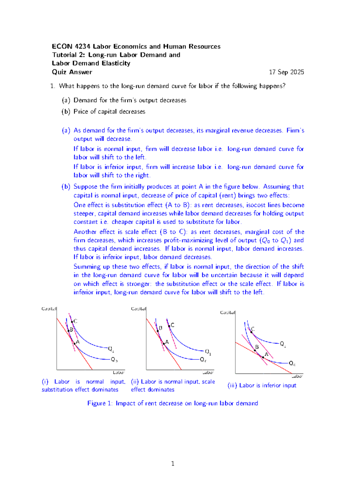 ECON 4234 Labor Economics Tutorial 2: Labor Demand Quiz Answers - Studocu