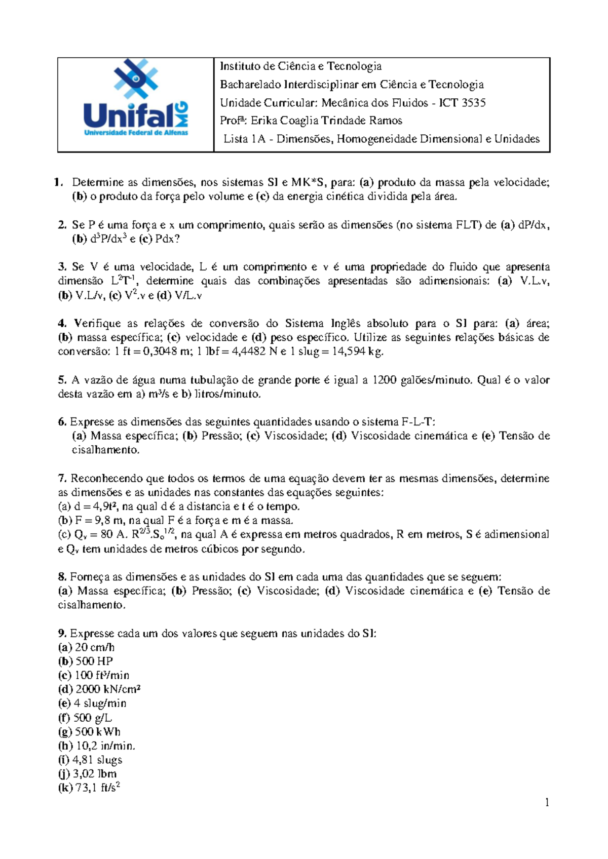 Lista 1A - Dimensões, Homogeneidade Dimensional e Unidades - 1 ...
