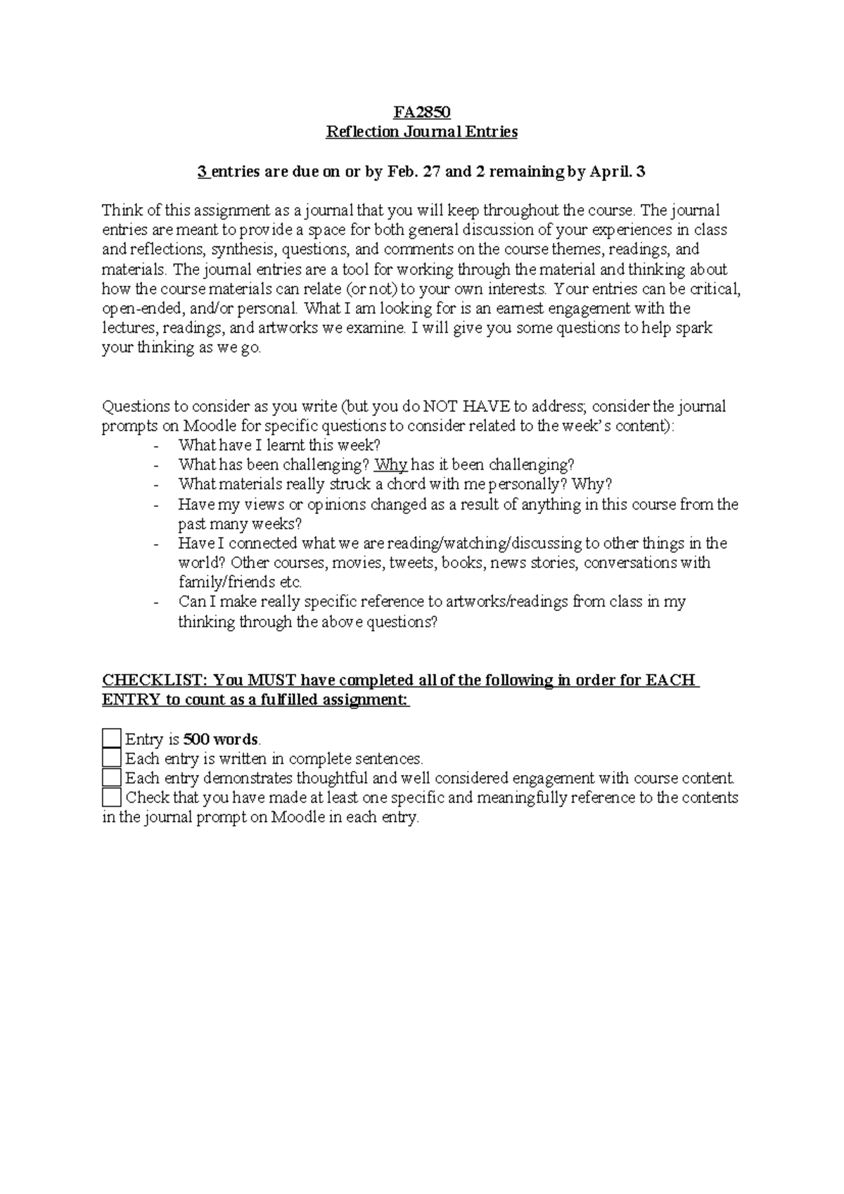 FA2850 Reflection Journal Guidelines: Entry Requirements & Prompts - Studocu