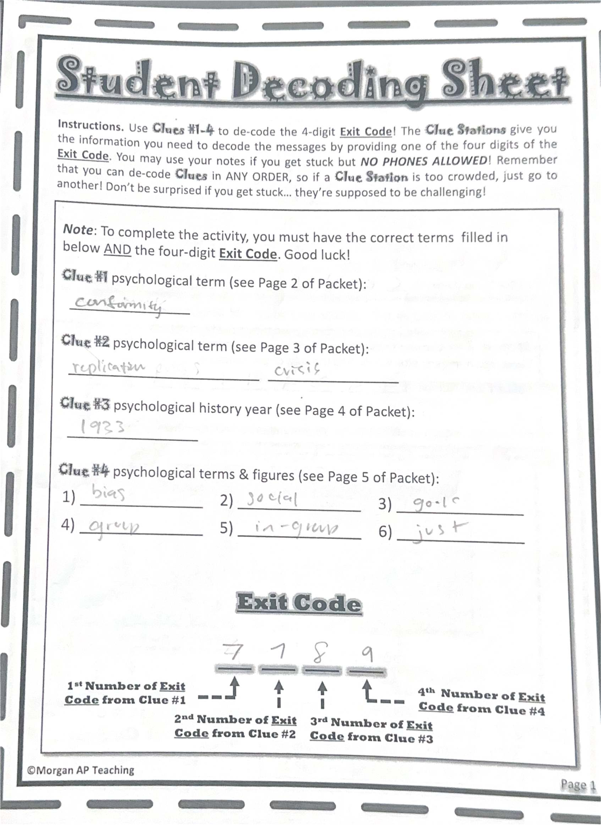 Escape Room Activity: Social Psych Clue Decoding Instructions - Studocu