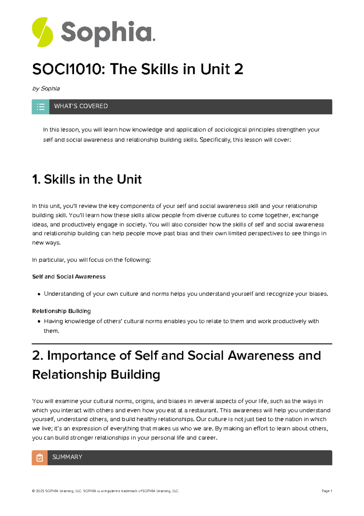 SOCI1010: Skills in Unit 2 - Self & Social Awareness Insights - Studocu