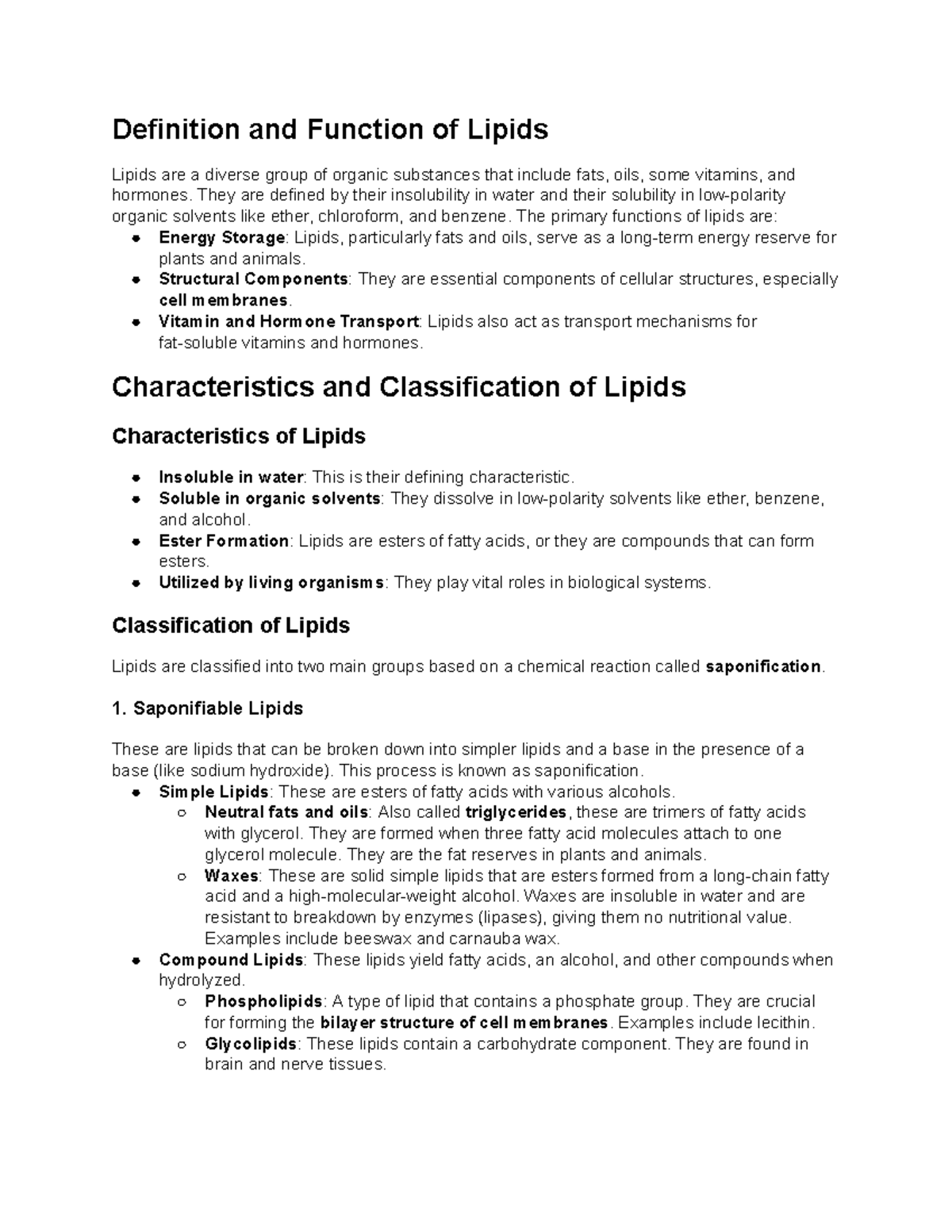 Lipids: Definition, Functions, and Classification - Biochem Review ...