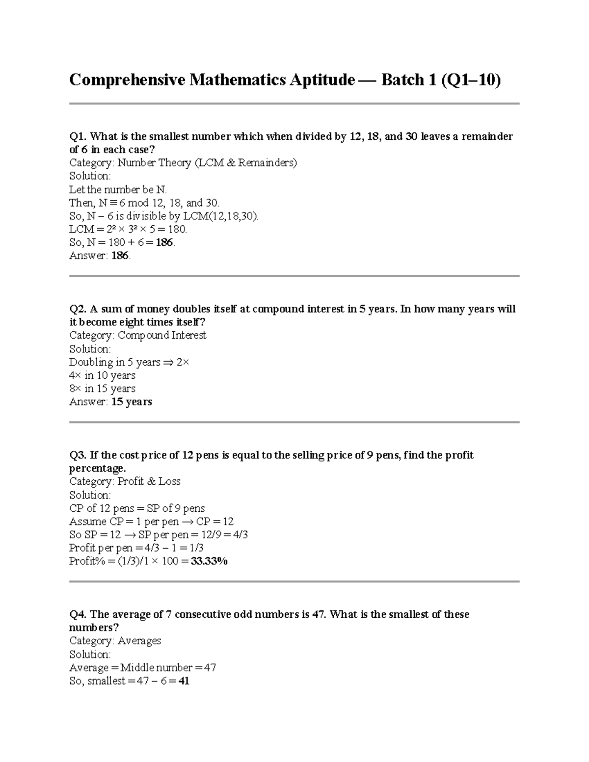 Comprehensive Mathematics Aptitude Batch 1 Solutions and Explanations ...