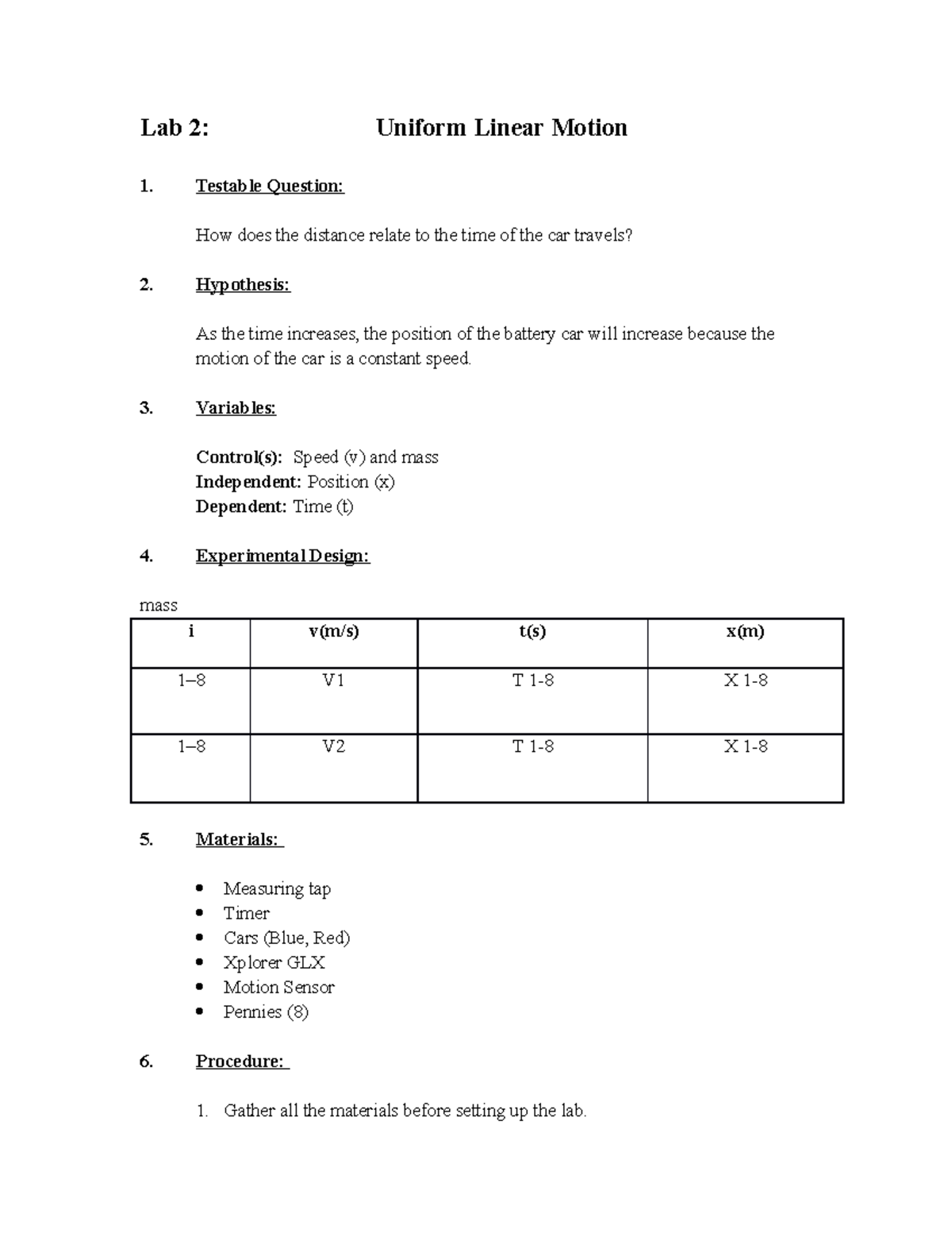 PHY111L Lab 2 - Summer Sec - Lab 2: Uniform Linear Motion 1. Testable ...