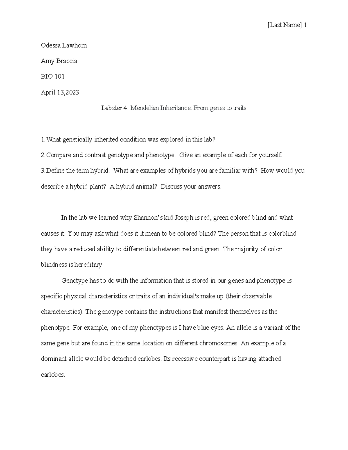 BIO 101 Labster 4: Mendelian Inheritance - Genes to Traits Analysis ...