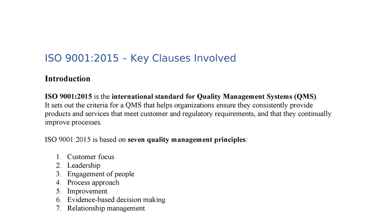 ISO 9001:2015 Key Clauses for Quality Management Systems - Studocu