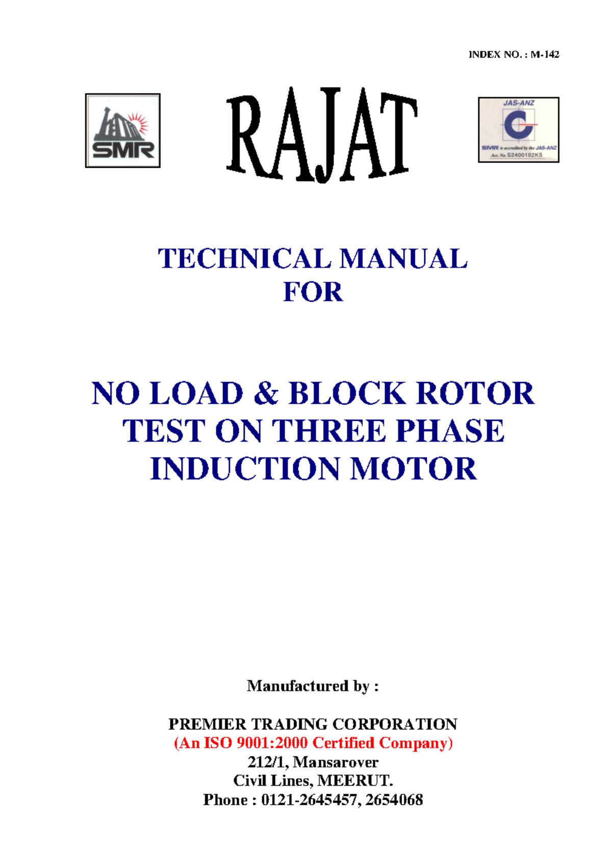 Technical Manual: No Load & Block Rotor Test on 3-Ph Ind Motor (142 ...