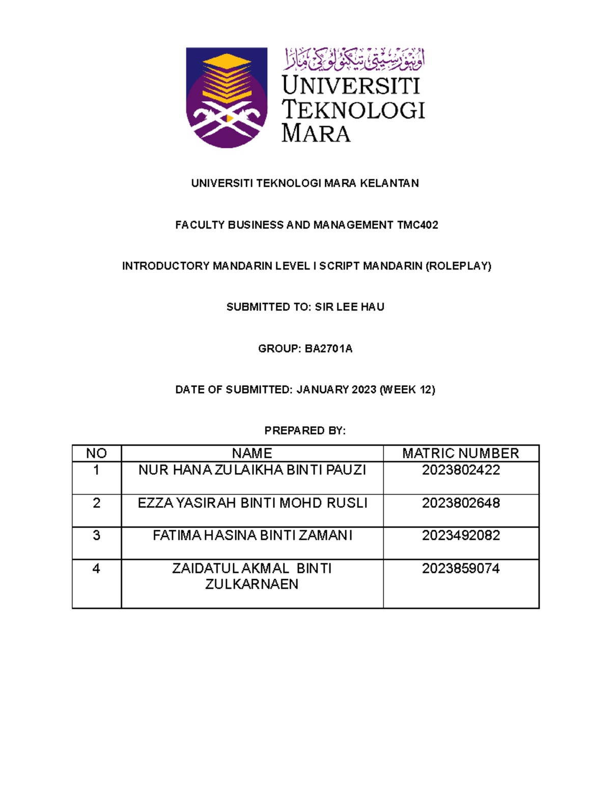 TMC 402 Roleplay Script for Introductory Mandarin - Group BA2701A - Studocu