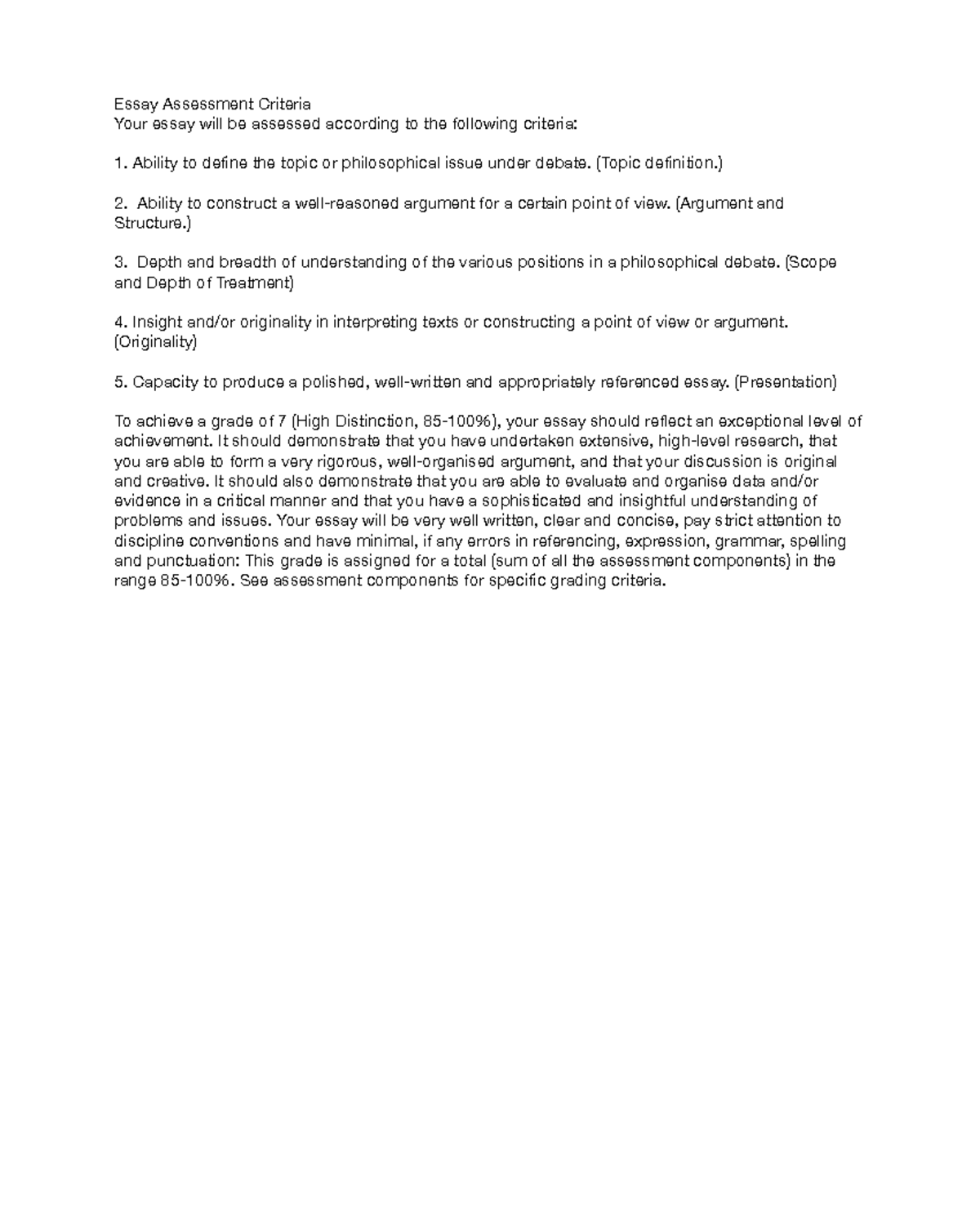 Essay Assessment Criteria for High Distinction (HD) - Studocu