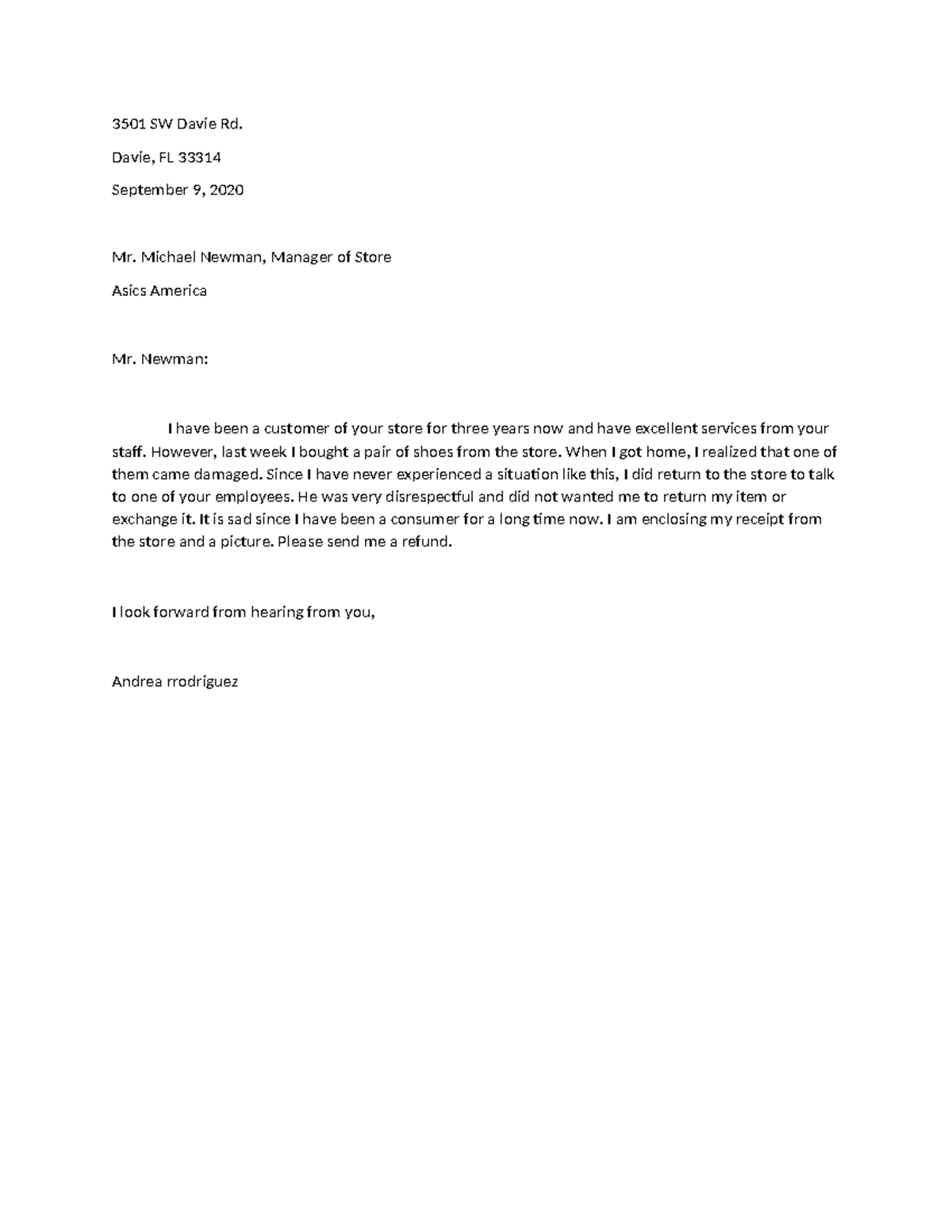 Customer Complaint Letter to Asics America - 3501 SW Davie Rd - Studocu