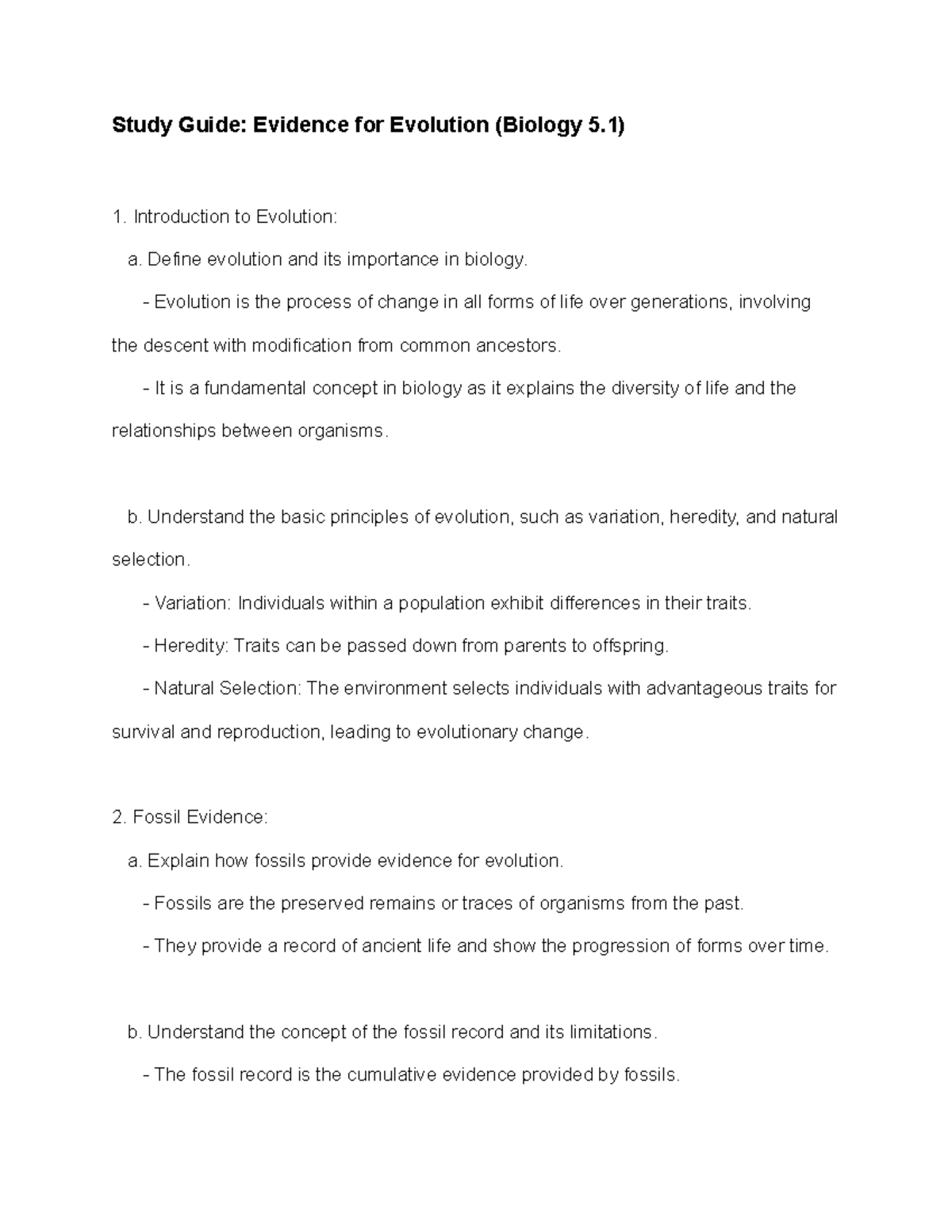 Biology 5.1 Study Guide: Evidence for Evolution and Key Concepts - Studocu
